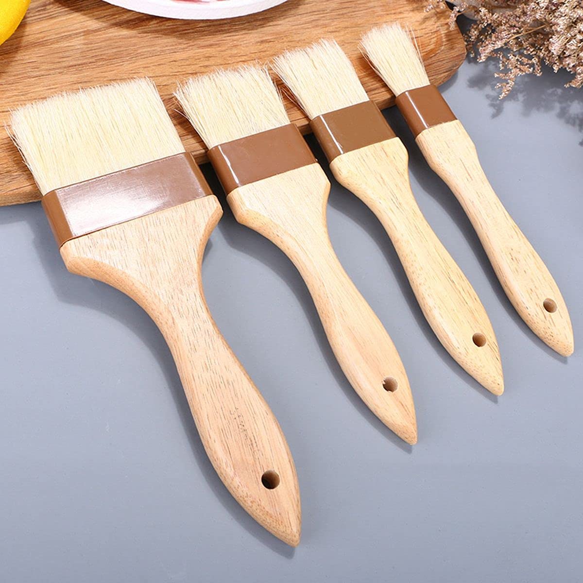 Cooking Boar Bristles Barbecue Wooden Handle Kitchen Pastry Brush Marinade Tool Basting Brush Sauce Baster(Round)