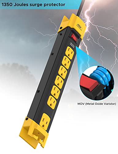 CRST 7-Outlet Heavy Duty Surge Protector Power Strip with Flat Plug, 9 feet Long Extension Cord for Home Garage Industrial Workshop, 1350 Joules, 15A Circuit Breaker