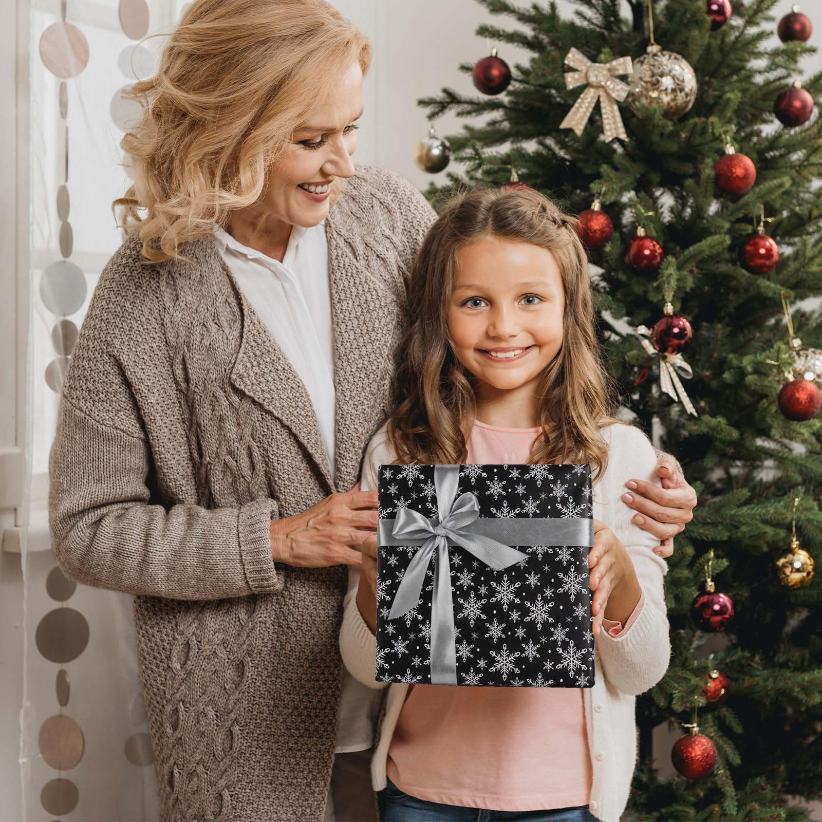 FIEHALA Reversible Christmas Wrapping Paper Jumbo Roll - Black Buffalo Plaid & Snowflakes Patterns - 30 inches x 100 Feet