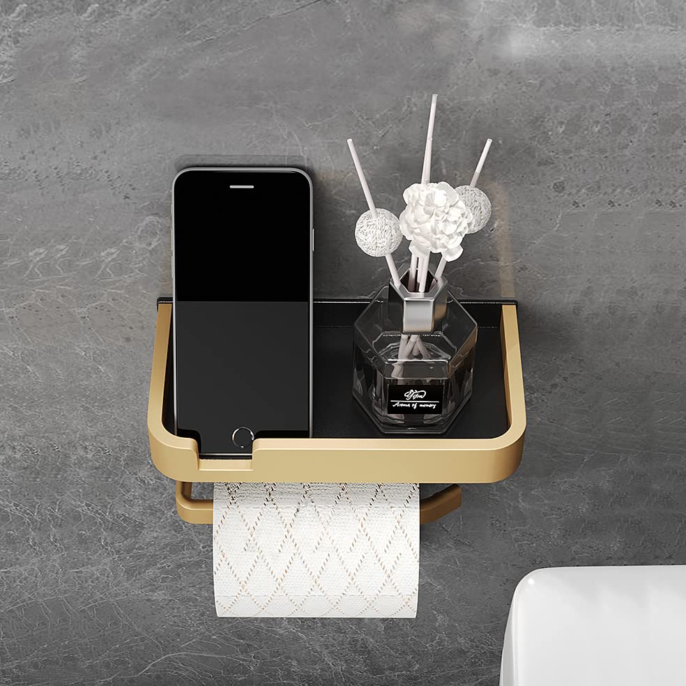 ROZZWILD Toilet Paper Holder with Shelf Adhesive Wall Mounted No Drill Aluminium Alloy Stainless & Rustproof Toilet Paper Roll Dispenser Bathroom Organizer Storage Rack Matte Black Gold