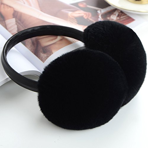 Bibury Real Rex Rabbit Fur Earmuffs with Leather Band, Winter Ear Muffs , Cold Weather Head Warmer (Black)