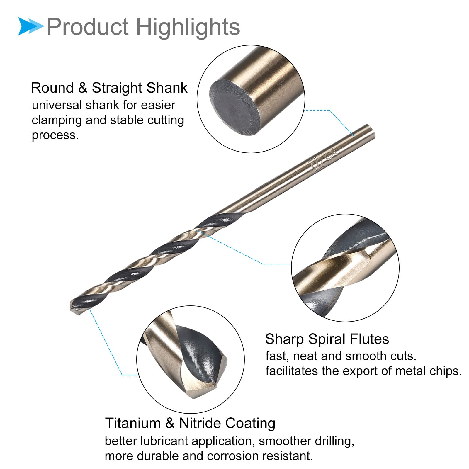 CoCud Twist Drill Bits, 3.5mm Cutting Edge, Titanium & Nitride Coated High Speed Steel 4341 Round Shank - (Applications: for Stainless Steel Drilling Machine), 5-Pieces