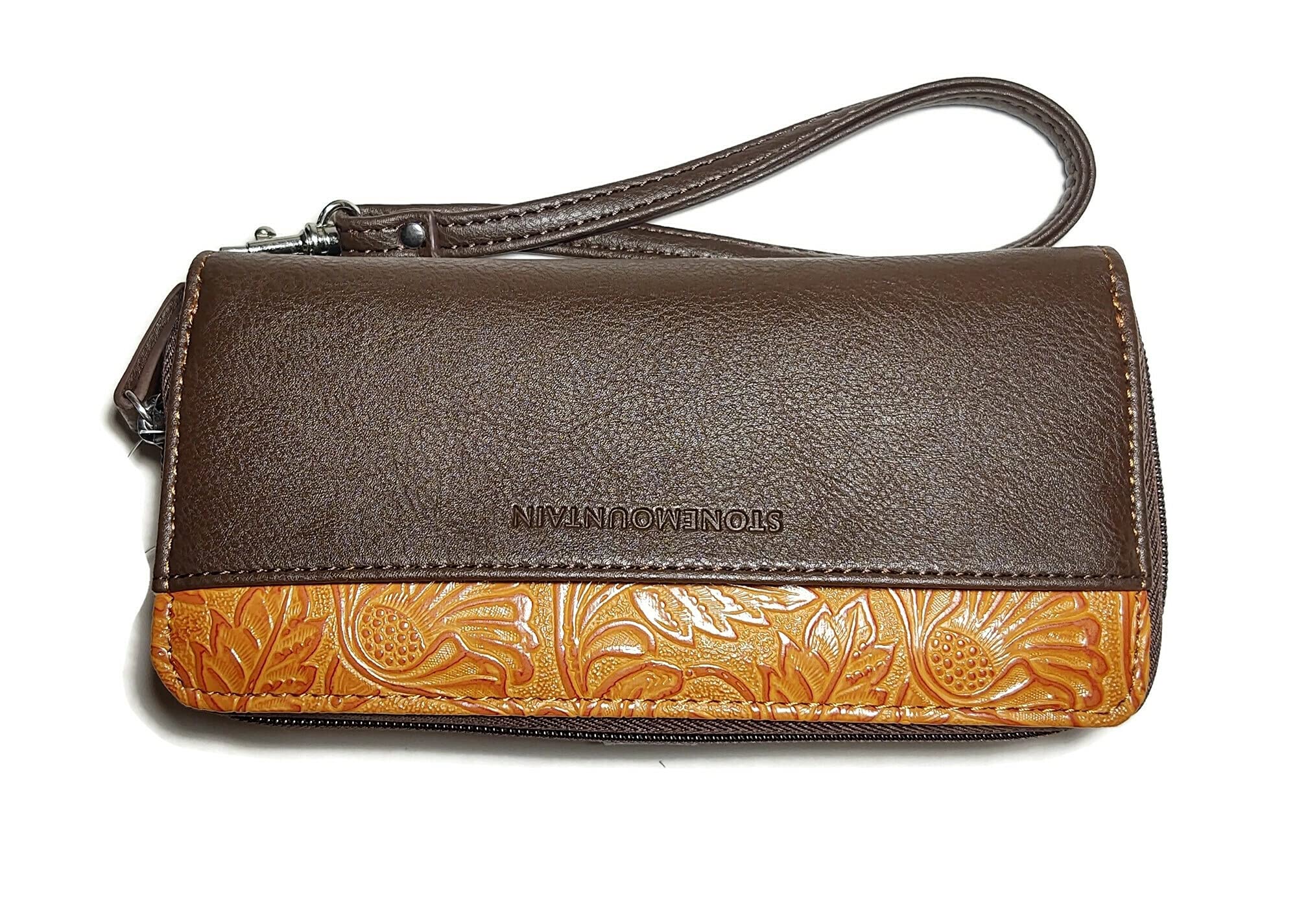 Stone Mountain Tooled Embossed SLG Wristlet Wallet, Cognac Brown