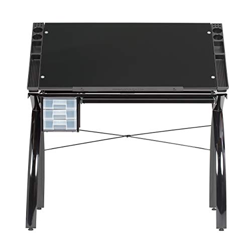 Futura Crafting, Drafting, Drawing Table with Adjustable Top, Black and Black Glass