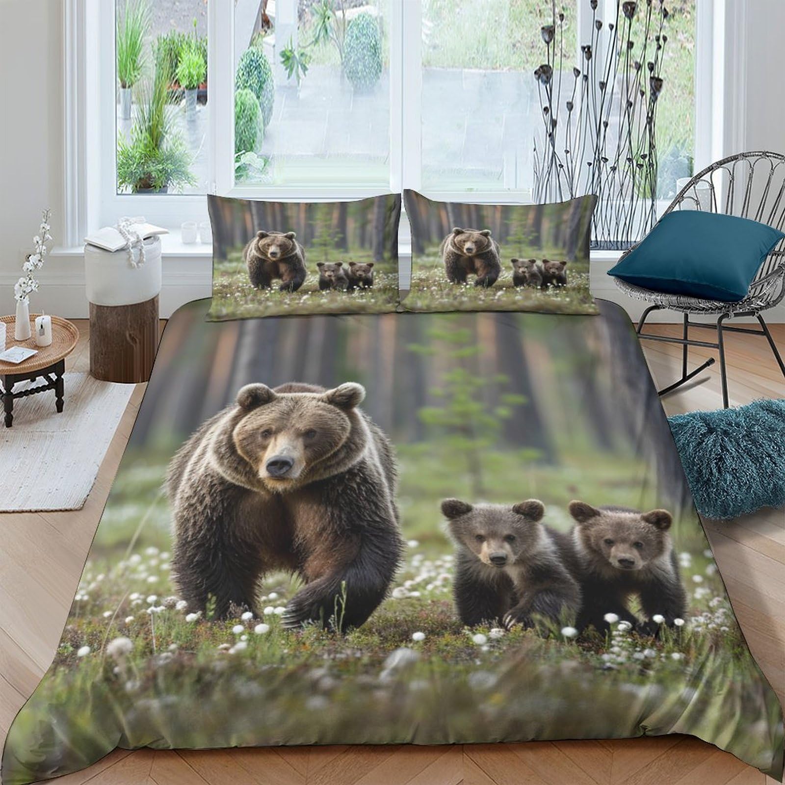 Brown Bear And Two Cubs Comforter Covers 3D Printed Walking in The Taiga Duvet Cover Quilt Cover for Boys Girls with Zipper Closure Soft Microfiber Bedding Set with Pillow Cases 3 Pieces Twinďź173x218c