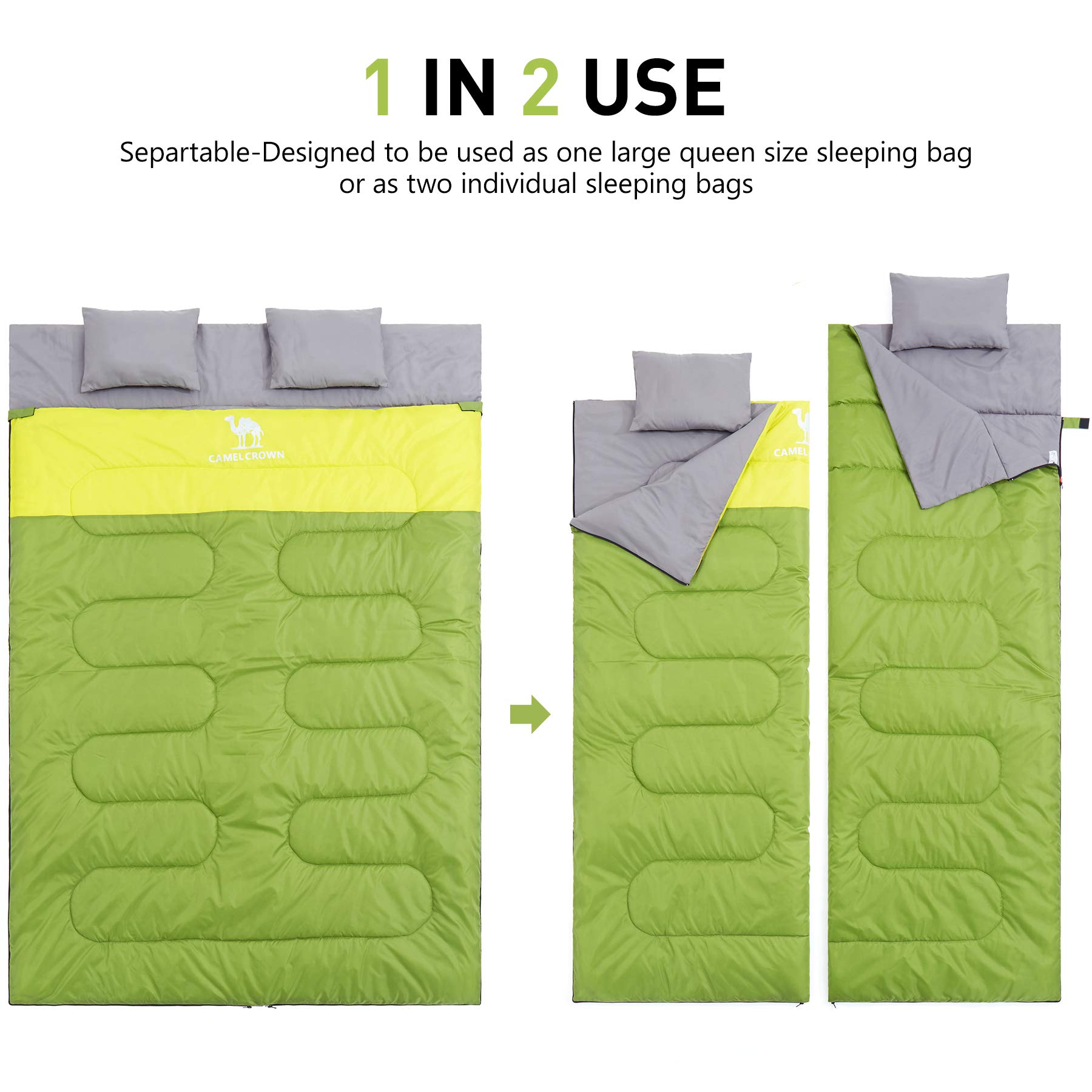 CAMEL Double Sleeping Bag for Adults with 2 Pillows for 4 Seasons Warm & Cool Weather Lightweight Backpacking Sleeping Bag for Hiking & Camping
