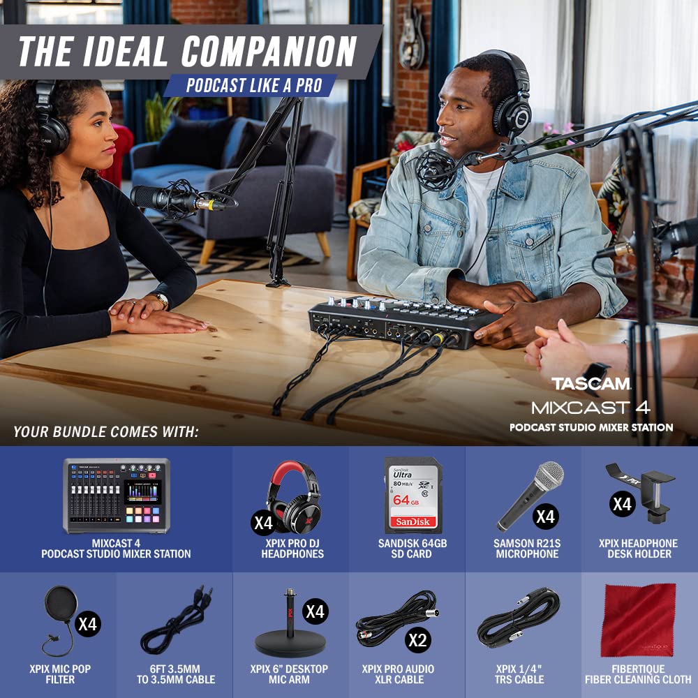 Tascam Mixcast 4 S Podcast Studio Mixer Station with Built-in Recorder/USB Audio Interface, 8 Sound-effect, Records 14 Tracks, comes w/ Deluxe 4S Accessories Bundle