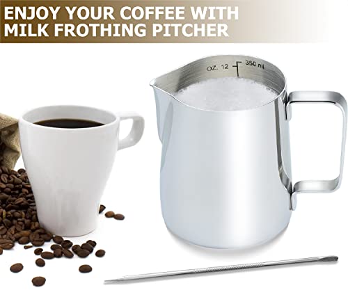 CAMKYDE Stainless Steel Milk Frothing Pitcher 12 oz, Espresso Steaming Pitcher with Decorating Pen for Espresso Machines, Cappuccino, Latte Art