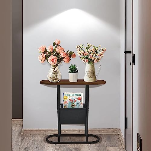 graffitimaster Oval Narrow Side Table with Magazine Sling Holder Pouch, Slim End Table with Metal Frame for Living Room Bedside Bedroom Couch Small Spaces, Retro Wood Grain Finish