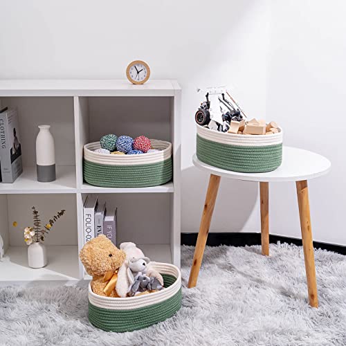 Kriitools Shelf Storage Baskets for Organizing|Cute Basket for Closet&Blanket Storage|Small Woven Baskets to Store Toys,Books,etc.-13x8.66x5.11ββ Cotton Rope,Stylish,Oval 3 Packs Off White&Green