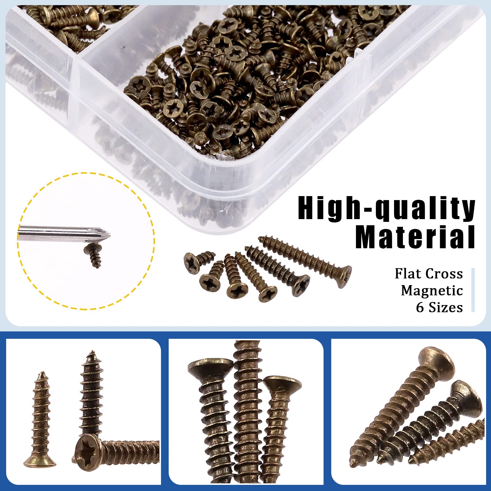 Glarks 1300Pcs 5mm 6mm 7mm 8mm 10mm Small Tiny Nails Wood Screws Set Bronze Self Drilling Flat Cross Head Screws Assortment Kit for Home Furniture Decor (Bronze)