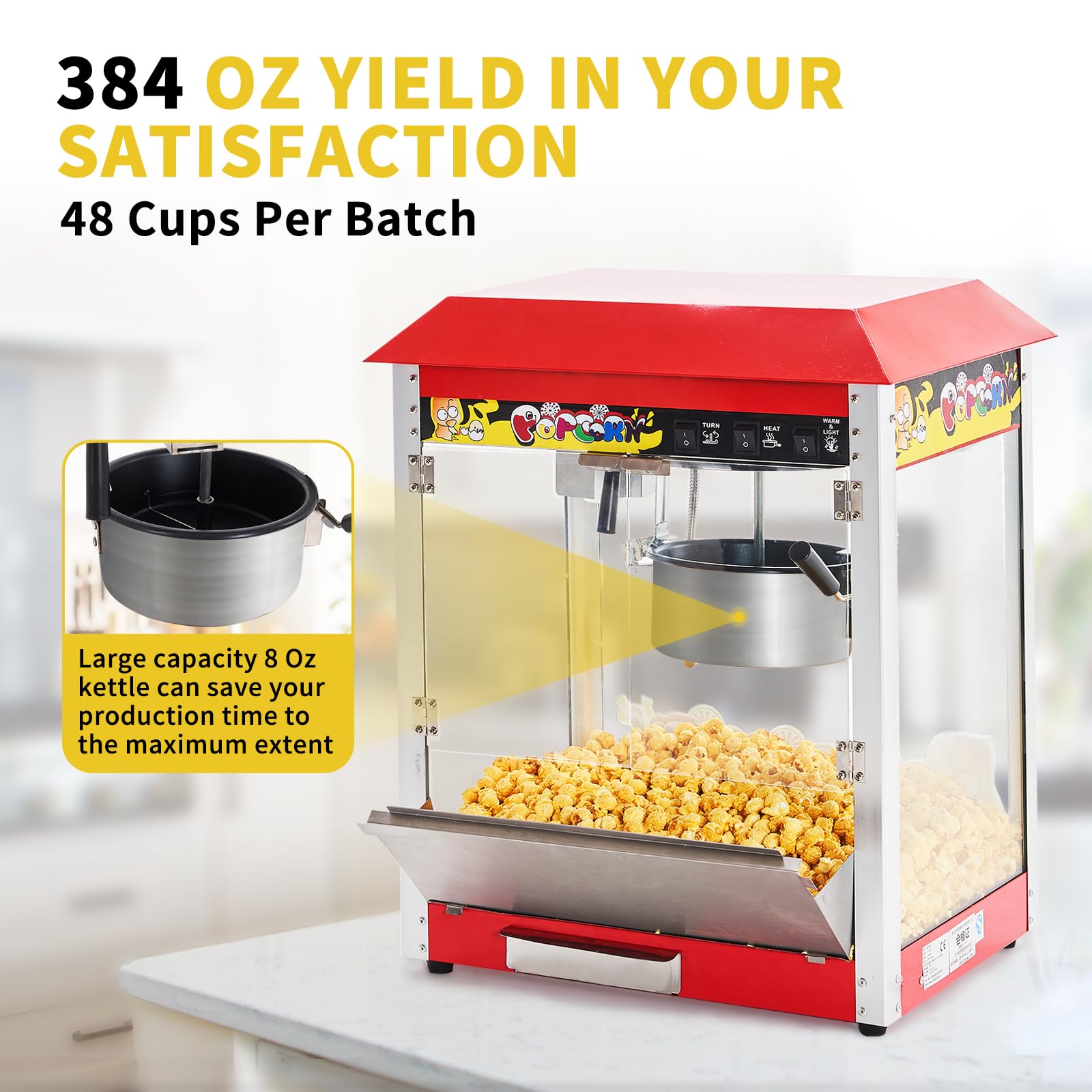 DEYGIA Commercial Popcorn Machine, 10 Oz Kettle, 1300W Countertop Popcorn Maker for 60 Cups per Batch, Movie Theater Popcorn Popper with 3-Switch Control, 2 Scoops 1 Cup