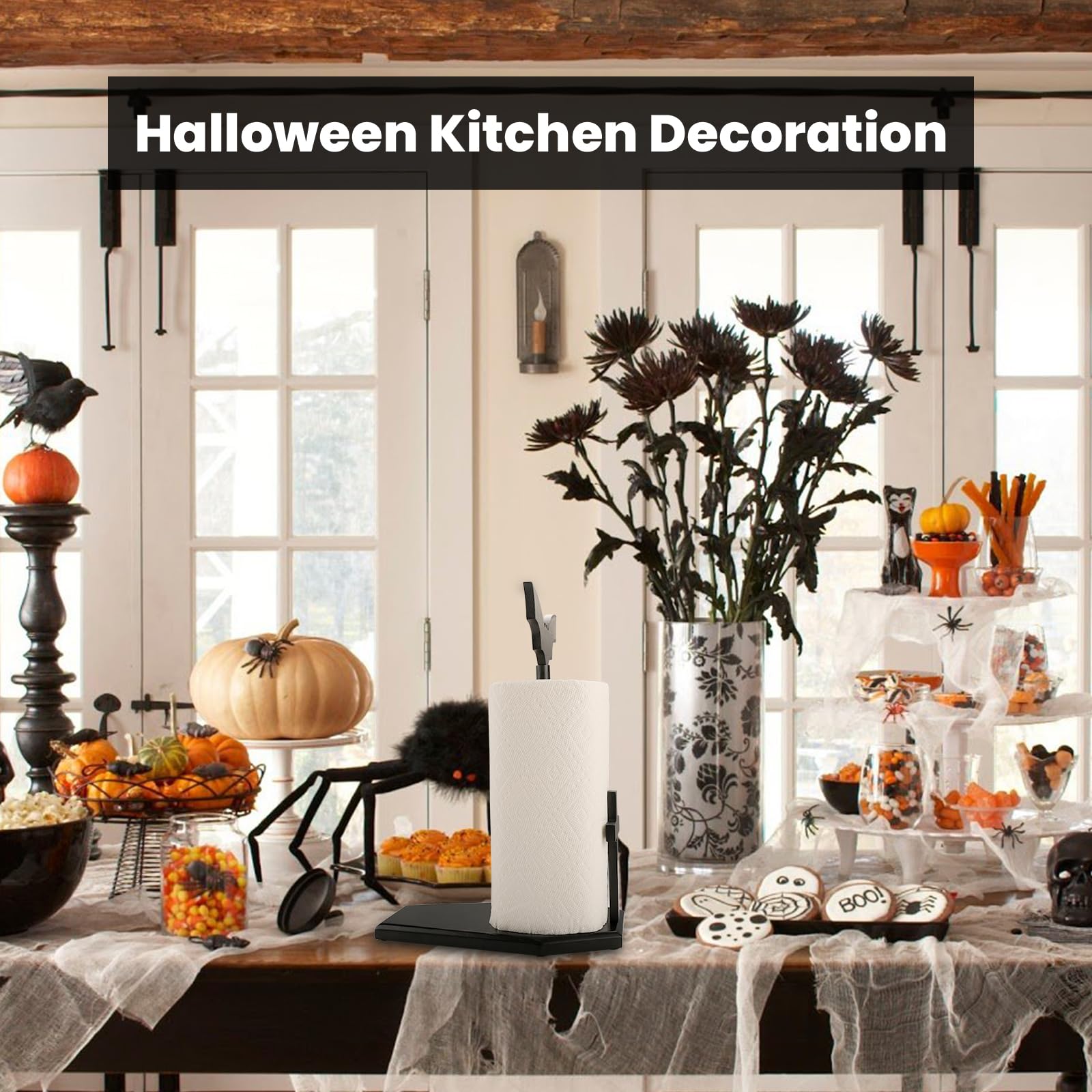 Bat Paper Towel Holder Countertop Large,Wooden Halloween Kitchen Paper Towels Holder Stand for Large Size Rolls,Black Halloween Decor Gothic Decor for Kitchen and Bathroom. (Bat)