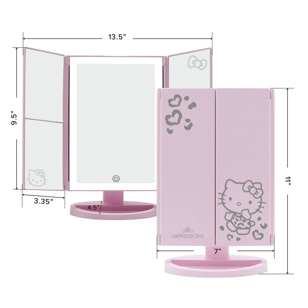 Impressions Makeup Vanity Hello Kitty, Trifold With LED Lights Tri-Tone Mirror with Touch Sensor and Three Adjustable Panels, Handheld Magnifying Mirror (Pink)