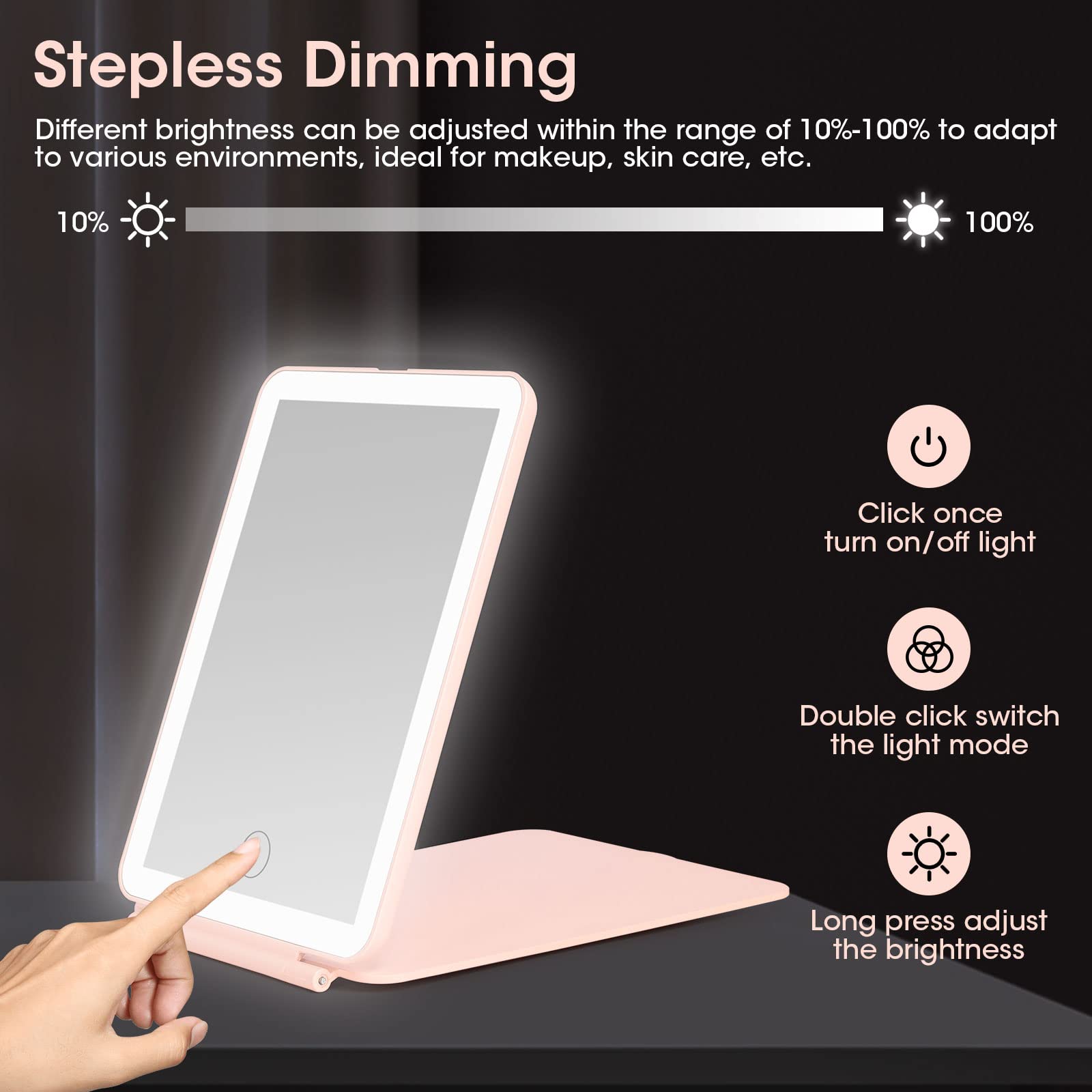 Buqikma Travel Makeup Mirror with Lights,7.9Inch Folding Lighted Travel Mirror Dimmible Ultra Thin Tabletop Cosmetic Mirror USB Rechargeable Compact Mirror for Women
