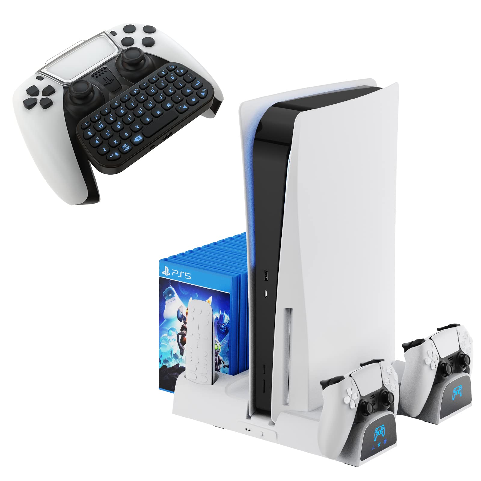 CODOGOY PS5 Stand with 2 Cooling Fan + Controller Keyboard with Backlight for Playstation 5