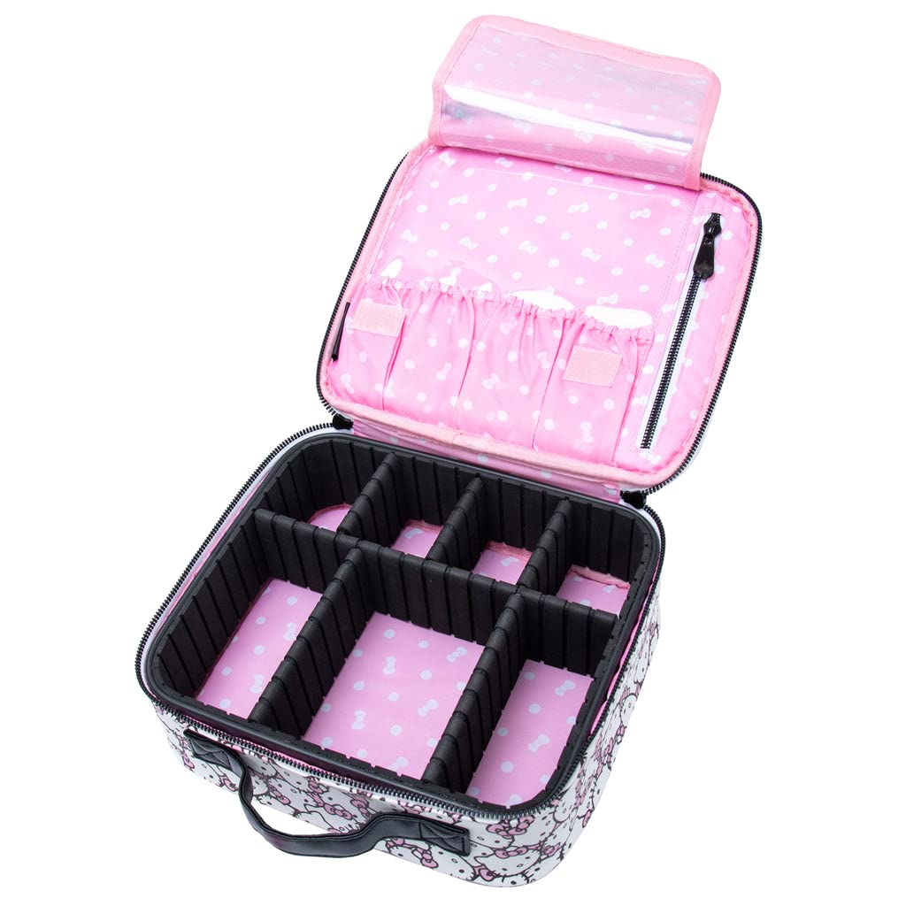 Impressions Vanity Hello Kitty Cosmetic Bag with Faux Leather,Travel Toiletry Bag with Inside Zipper Pockets, Waterproof Reusable Large Cosmetic Makeup Vanity Organizer (White/Pink)