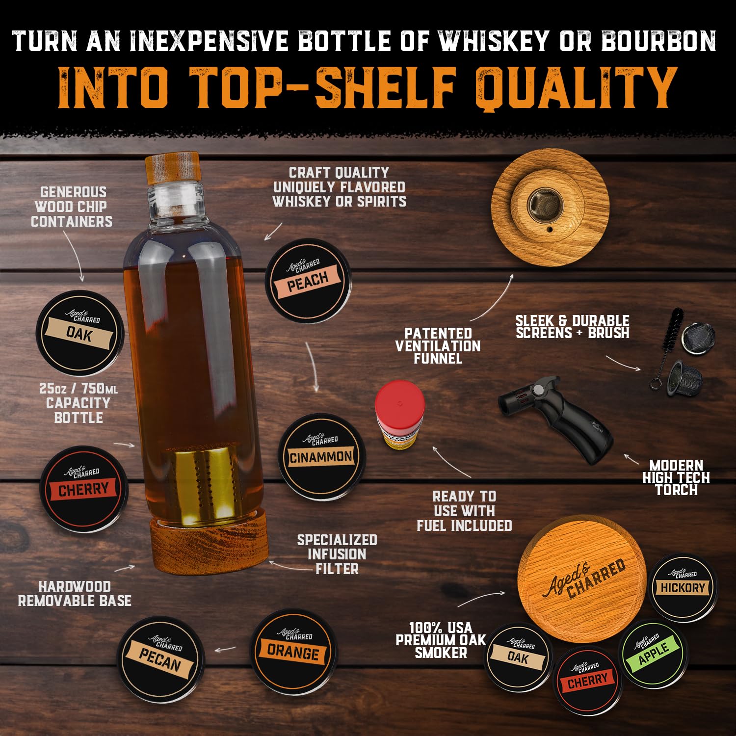 Cocktail Smoker Kit with Torch & Wood Chips (Butane Included) + Whiskey Infusion Kit Bundle for Whiskey, Bourbon, and Vodka for Men and Women.