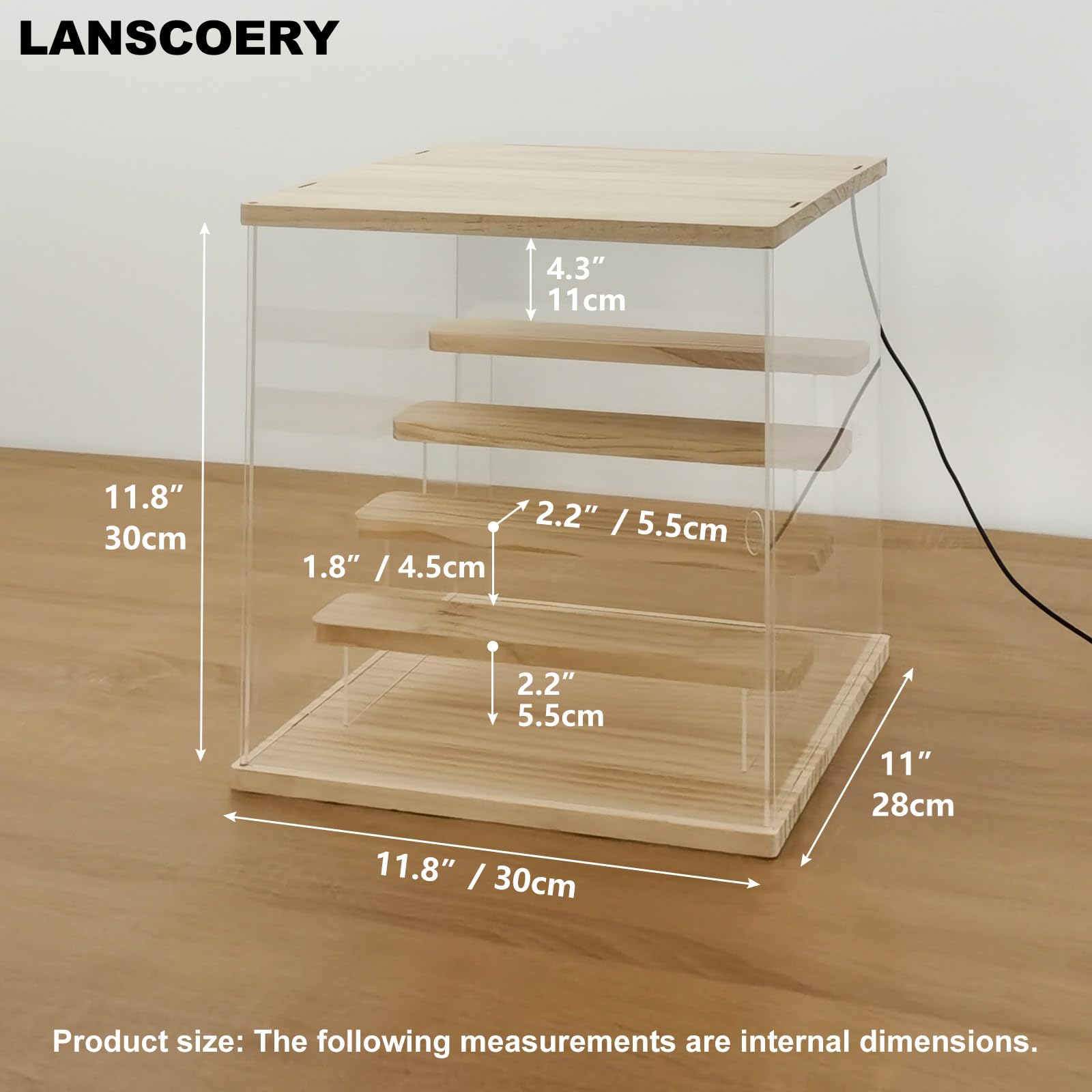 LANSCOERY Acrylic Display Case with LED Light, Clear 5 Tier Organization, Dustproof Wooden Display Box, Exclusive Showcase for Collectibles, Mini Figures and Funko Pop, 11.8x11x11.8inch