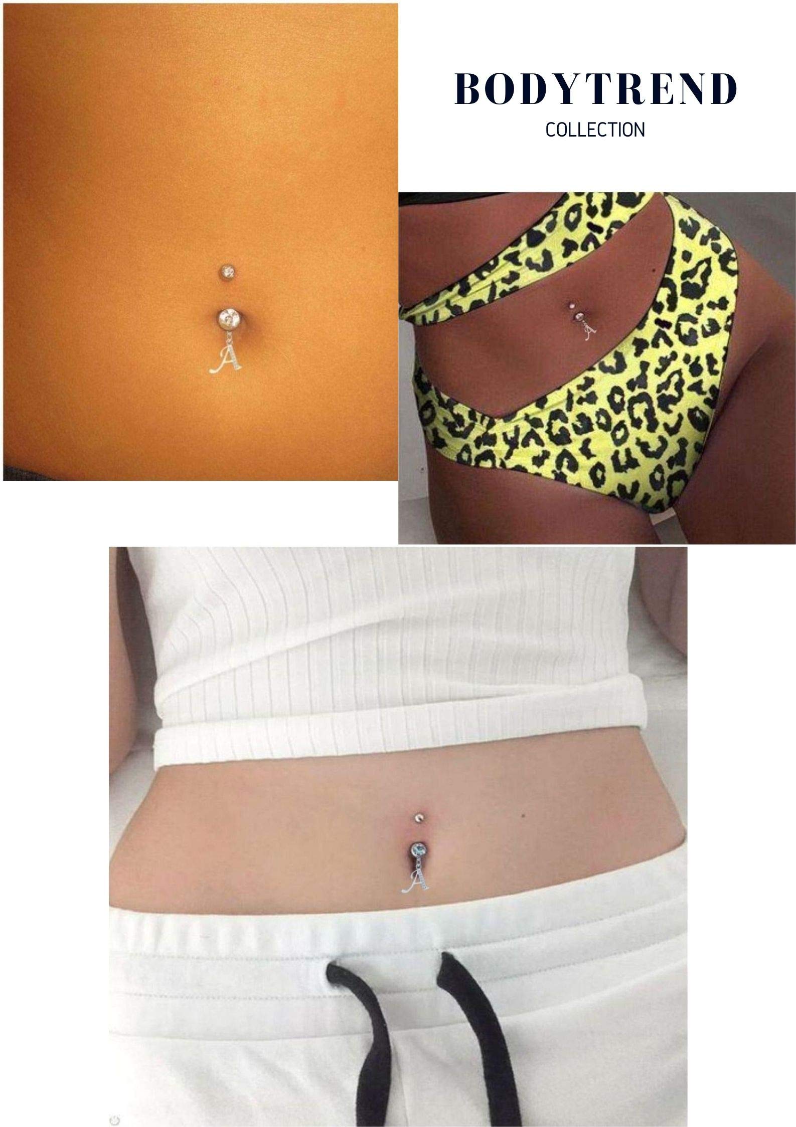 Bodytrend Initial Dangle Belly Button Rings with CZ Crystals in Silver Letters A to Z - British Standard - Certified by Sheffield Assay Office