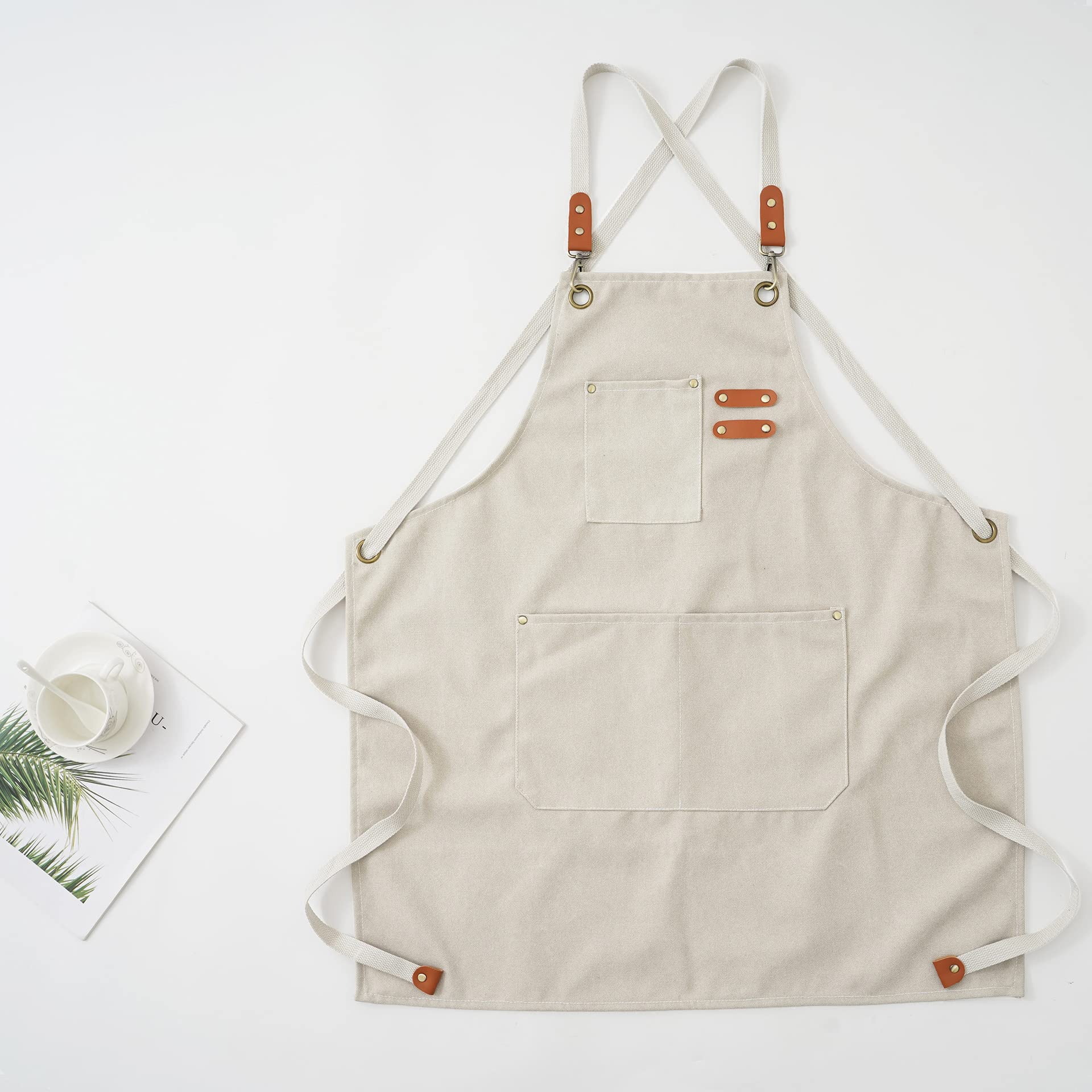 Canvas Chef Apron for Men Women, Cotton Canvas Cross Back Apron with Adjustable Straps and Large Pockets Heavy Duty Work Apron (Beige)