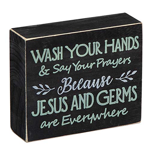 J JACKCUBE DESIGN Farmhouse Vintage Decorative Wood Bathroom Signs Decor, Classic Rustic Wooden Box Stand Up Wall Home Decor, Your Prayers and Wash Your Hands, Blue, White Letters- MK684A