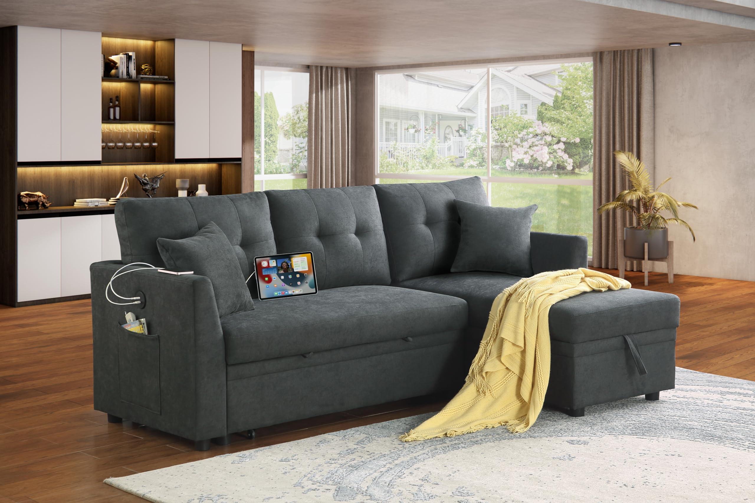 Eafurn L-Shape Reversible Sectional Sofa Bed Convertible Sleeper Corner Couch w/USB Ports and Storage Chaise, 4 in 1 Pull-Out Sofabed for Living Room, Apartment, Office