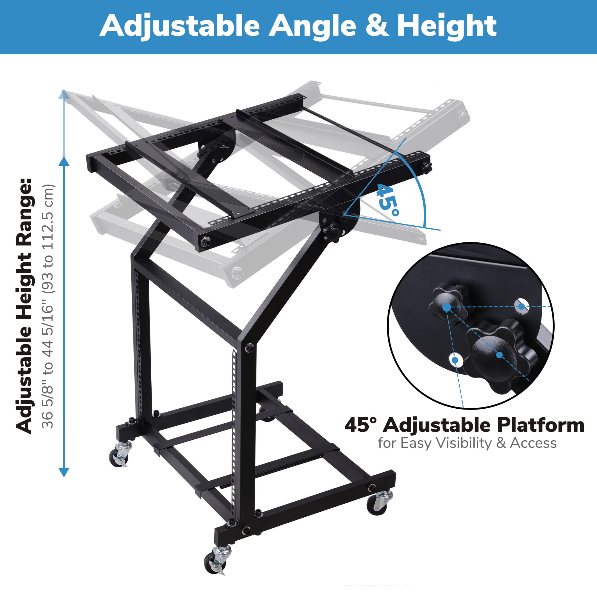 AW Adjustable Rack Mount Studio Equipment Rolling DJ Mixer Stand Stage Cart Music Party Show 12U