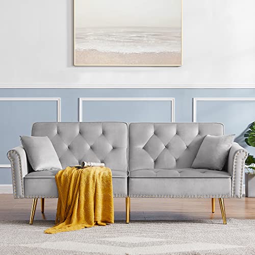 Kakotito Tufted Velvet Sofa Bed Sleeper with 2 Pillows, Luxury Loveseat Couch, Splitback Futon for Living Room & Office, Convertible Futon with Vintage Nailhead Trim and Metal Legs (Gray)