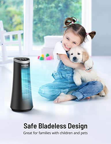PARIS RHÔNE Small Tower Fan, 75° Oscillating Tower Fan with 2 Speeds, 12'' Cooling Desk Table Fan Portable Bladeless Fan for Bedroom Home Office Desktop