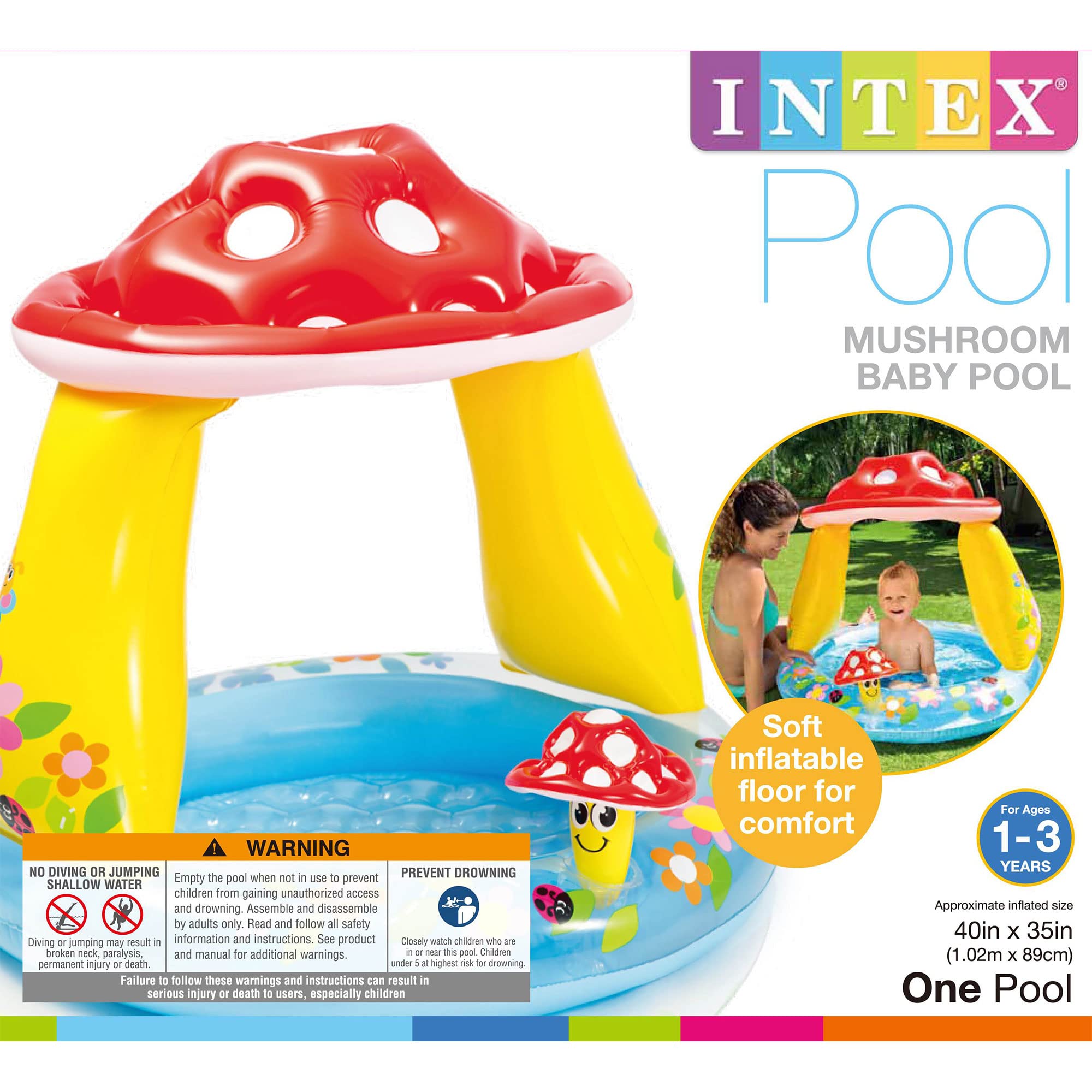INTEX 57114EP Mushroom Baby Pool: Built-In Mushroom Shade β Soft Inflatable Floor β Durable Vinyl β Ages 1-3 β 40" x 35"