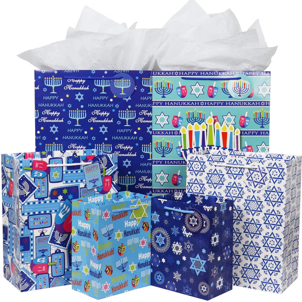 FZOPO Hanukkah Gift Bag Set, 12 Pieces Premium Quality Assorted Sizes Paper Bags with Tags, 4 Extra Large, 4 Large, 4 Medium (6 Happy Hanukkah Designs)
