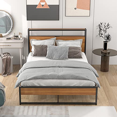 Full Size Platform Bed with USB Ports and Sockets, Metal Bed Frame with Wooden Headboard and Footboard, Slat Support No Box Spring Needed