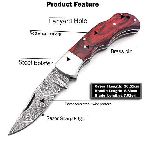 Handmade Damascus pocket knife for men with leather sheath | 2 Pcs Tactical Folding Pocket knife Set with Back Lock | Best Edc Bushcraft knifes for Fishing, Camping, Hiking | Damascus steel Blade Foldable hunting Belt knife with Horizontal Carry sheath |