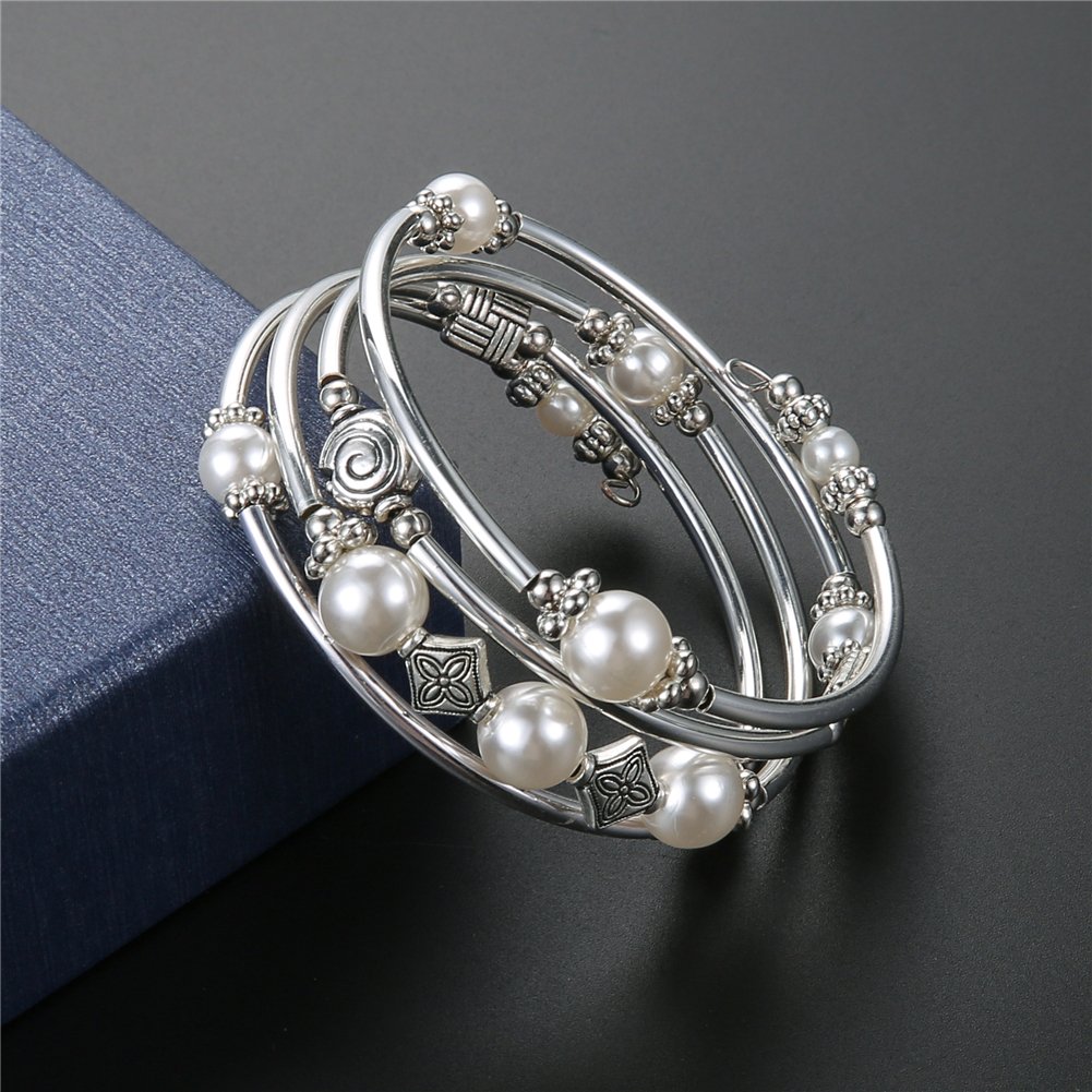 Beaded Pearl Bangle Wrap Bracelet - Fashion Bohemian Jewelry Multilayer Charm Bracelet with Thick Silver Metal Beads, Gift For Women (White)
