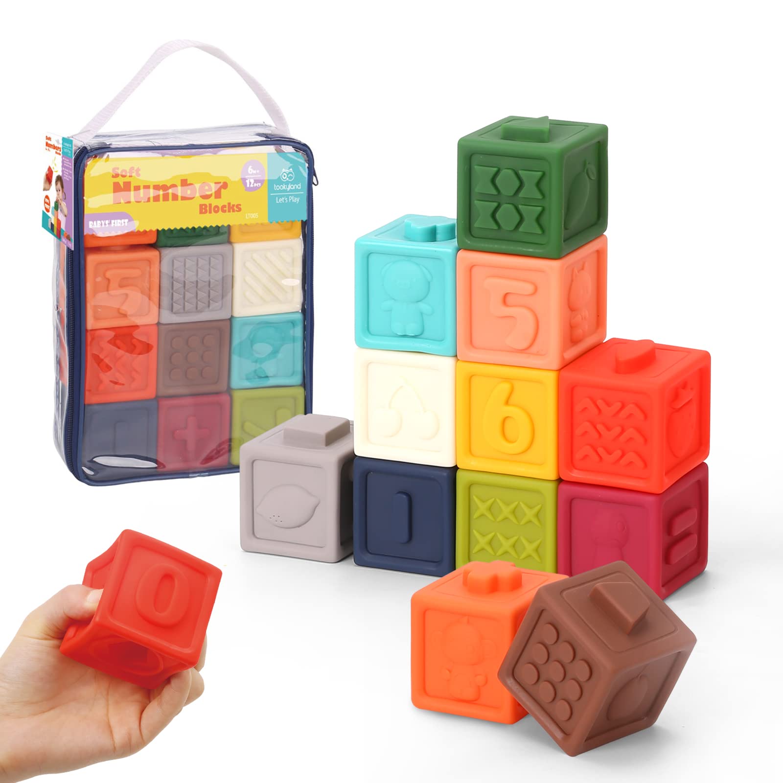 TOOKYLAND Soft Stacking Blocks for Baby Building Blocks Montessori Sensory Infant Toys, Educational Baby Toys 6 Months & Up with Numbers, Shapes, Fruits, Animals & Textures