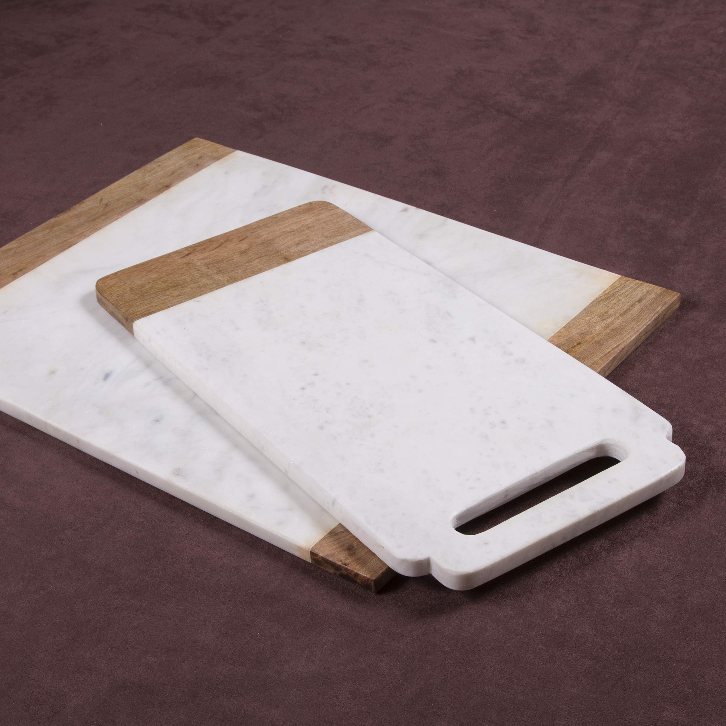 Creative Home Natural Marble with Mango Wood 18" x 9" Handled 16" x 20" Pastry Board Set, 18" L x 9" W x 5/8" H, 16" L x 20" W x 5/8" H, Off-White (patterns may vary)