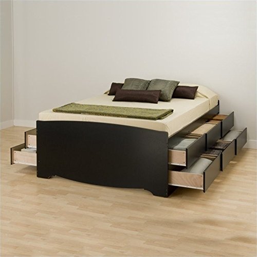 Prepac Tall Queen Captain's Platform Storage Bed with 12 Drawers, Black