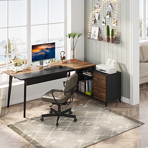 Tribesigns 70.8" Executive Desk with 43" Drawers File Cabinet, Large L-Shaped Computer Office Desk with Printer Stand, Business Furniture Workstation for Home Office