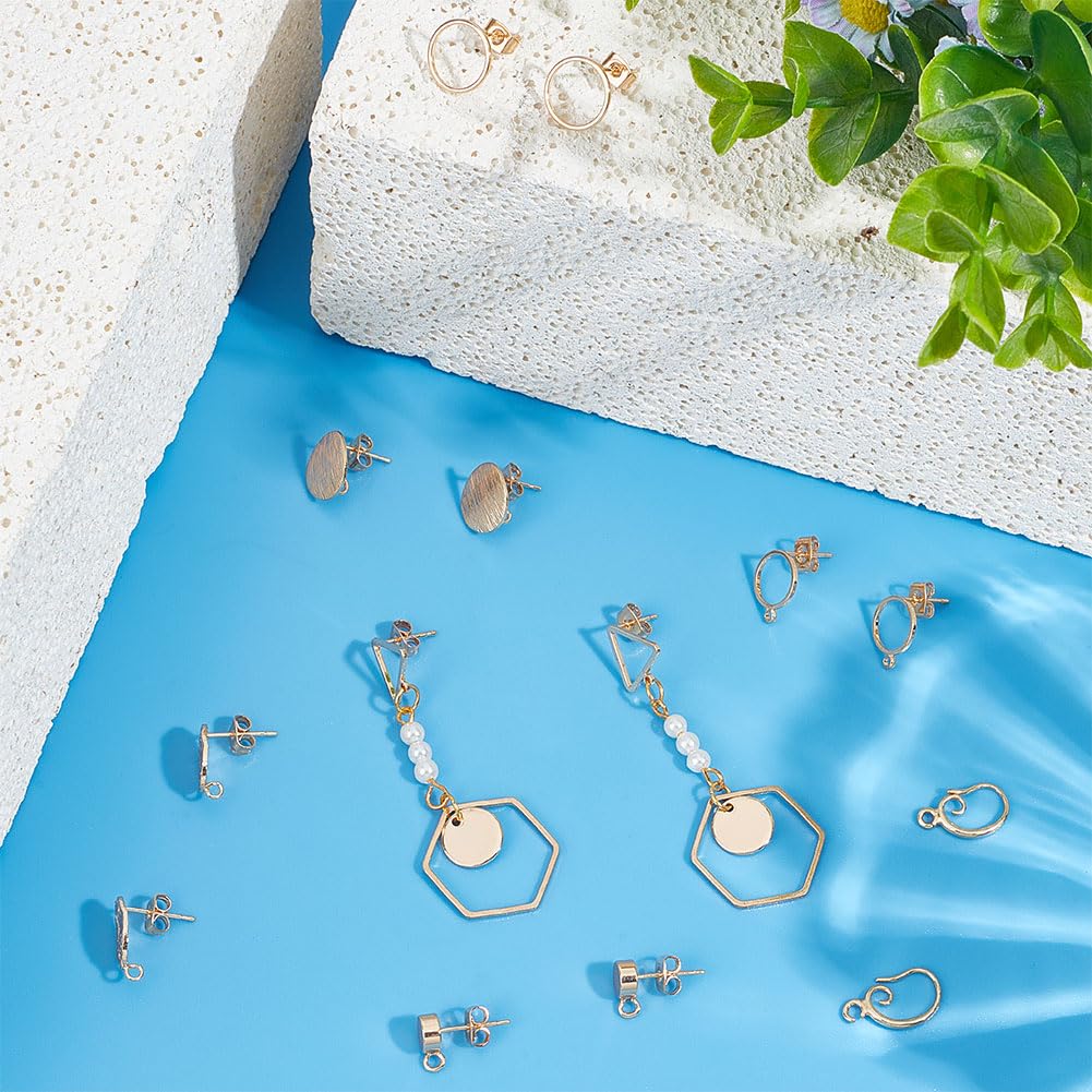 BENECREAT 8 Pairs 8 Style 18K Real Gold Plated Geometric Brass Stud, Round Triangles Stud Earring Findings with Loops and 20Pcs Plastic Ear Nuts for Earring Making, Pin: 0.8mm