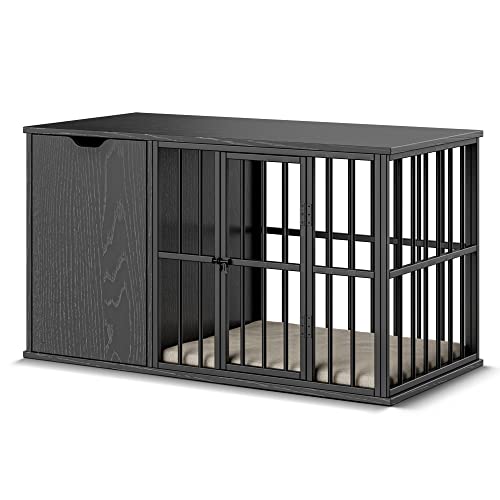 Dog Crate Furniture End Table, Wooden Dog Kennel with Cushion, Decorative Pet Crate House Cage Indoor for Small Medium Dogs, Black