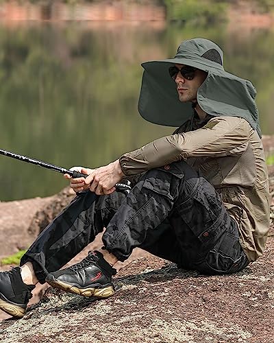Fishing-Sun Hat Men UV-Protection Neck-Flap - Bucket Hat with Removable Face Cover & Neck Flap Wide Brim UPF 50+ Hiking Hat for Men and Women,Grey