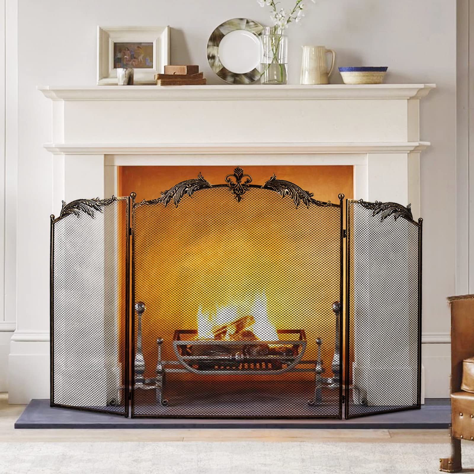BEAMNOVA Fireplace Screen 52 x 30 Inches 3 Panel Modern Outdoor Protector Rustic Vintage Arched Mesh Freestanding Iron