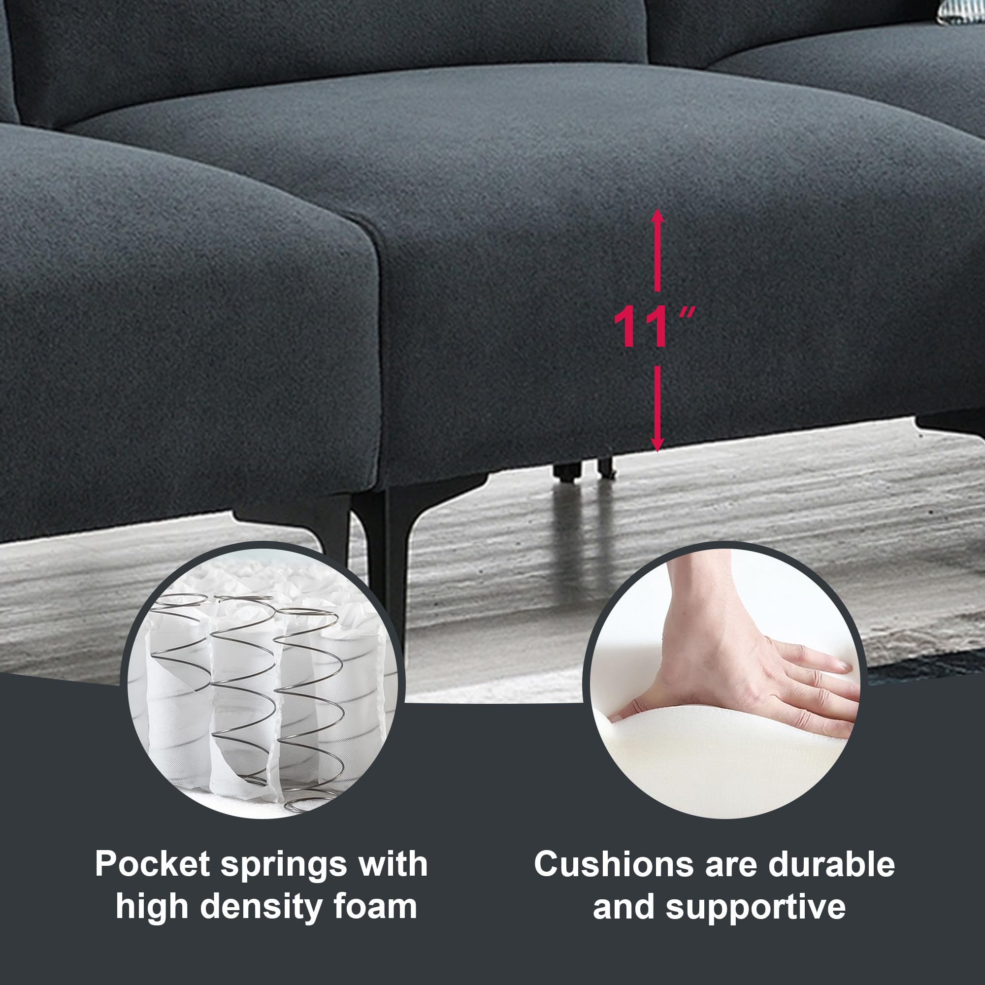 DHPM Sectional Sofa Modern L-Shaped Deep 3-Seat Sofa&Couch with Ottoman, Sofá Sleeper Comfy Upholstered Furniture for Living Room, Apartment, Studio, Office