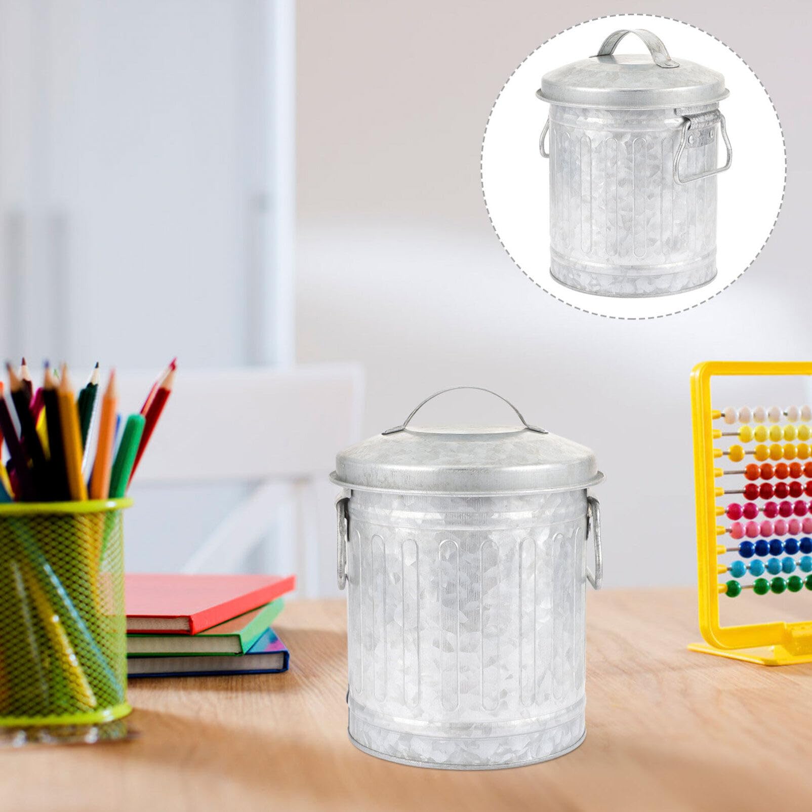 DIYEAH Mini Galvanized Trash Can with Lid, Mini Desktop Wastebasket Small Metal Buckets Metal Rubbish Bin Garbage Can Flower Pot Pen Holder for Kitchen Countertop A