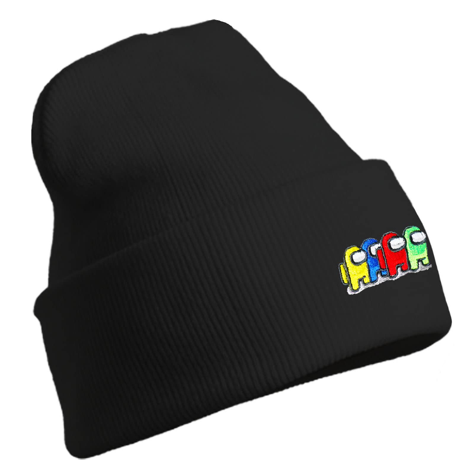 Black Funny Gamer Embroidered Beanie Hats for Men Women, Winter Warm Stretchable Slouchy Knit Cuffed Embroidery Skull Cap