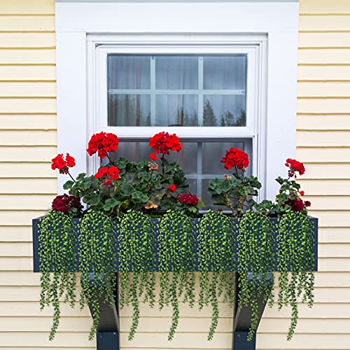 FUNARTY 2pcs Faux Plants Indoor — Artificial String of Pearls Plant in Black Pots, Realistic Green Fake Hanging Plants for Shelf Decor Desk Home Garden Decorations