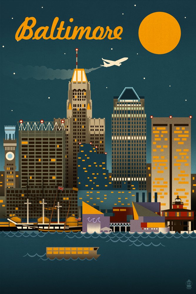 Baltimore, Maryland, Retro Skyline (12x18 Hand Signed Print Master Wall Art, Poster Decoration)