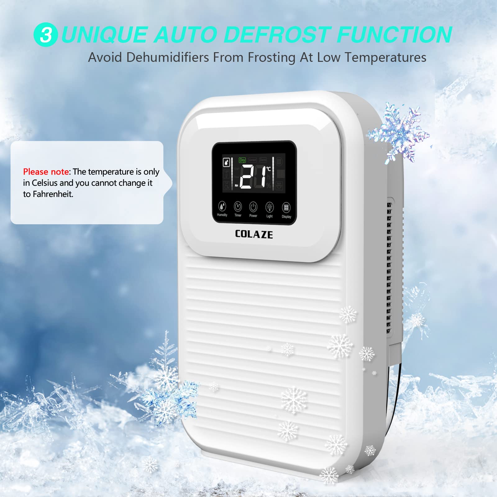 COLAZE Dehumidifiers for Small Spaces Dehumidifier Up to 500 Sq.ft with LED Display, Humidity Setting, Timer, Auto Shut off, Defrost Functions