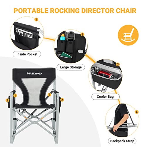 FUNDANGO Rocking Camping Chair for Adults, Oversized Portable Rocking Chair Outdoor Folding with Cooler and Side Pocket for Outside, Backyard, Patio, Lawn, Garden (Black/Grey)